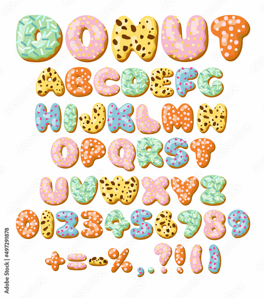 Letters and numbers in donut font vector illustrations set. Designs of ...