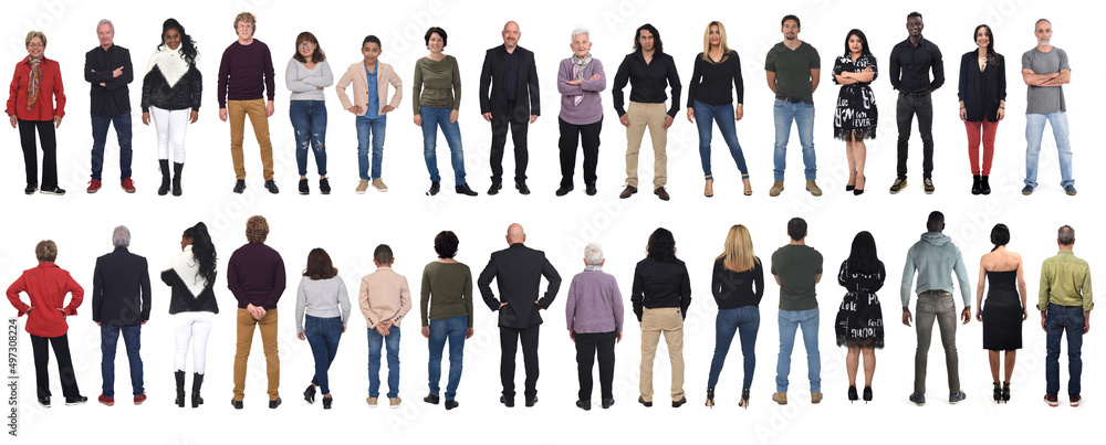 front and back view of same group of people on white background Stock ...