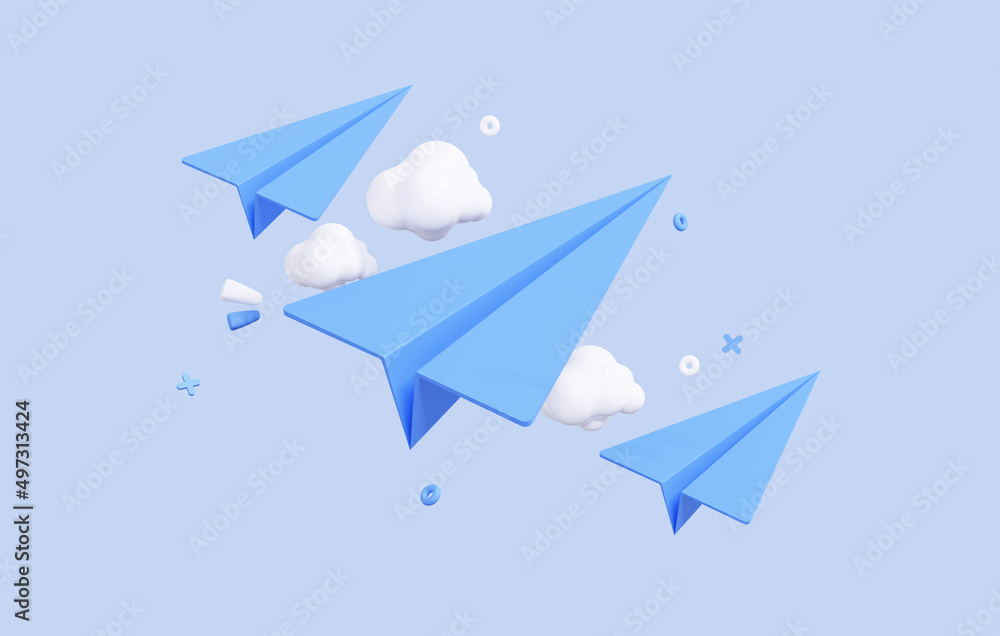 3D Minimal cartoon Paper Airplanes with Clouds. Paper plane in sky ...