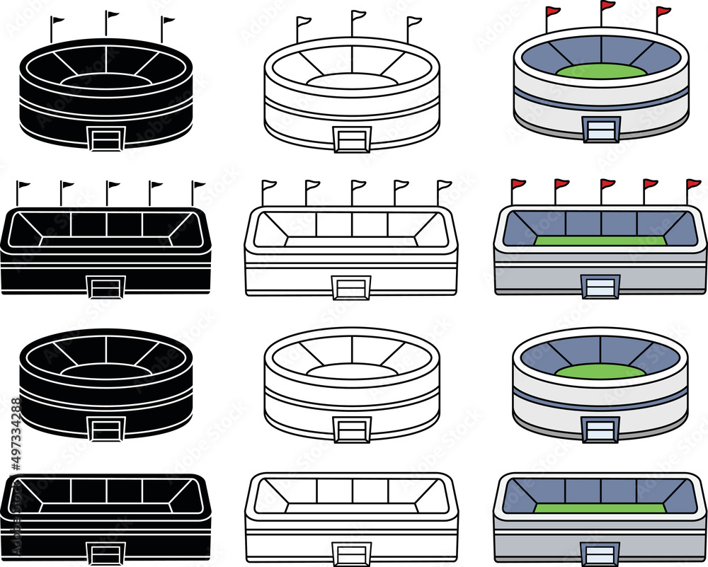 Arena / Stadium Building Clipart Set - Outline, Silhouette and Color ...