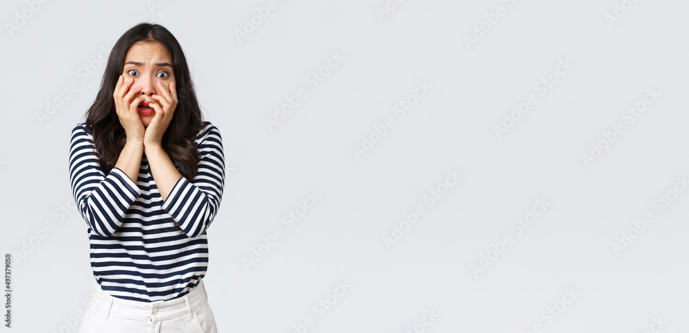 Lifestyle, people emotions and casual concept. Scared timid and ...