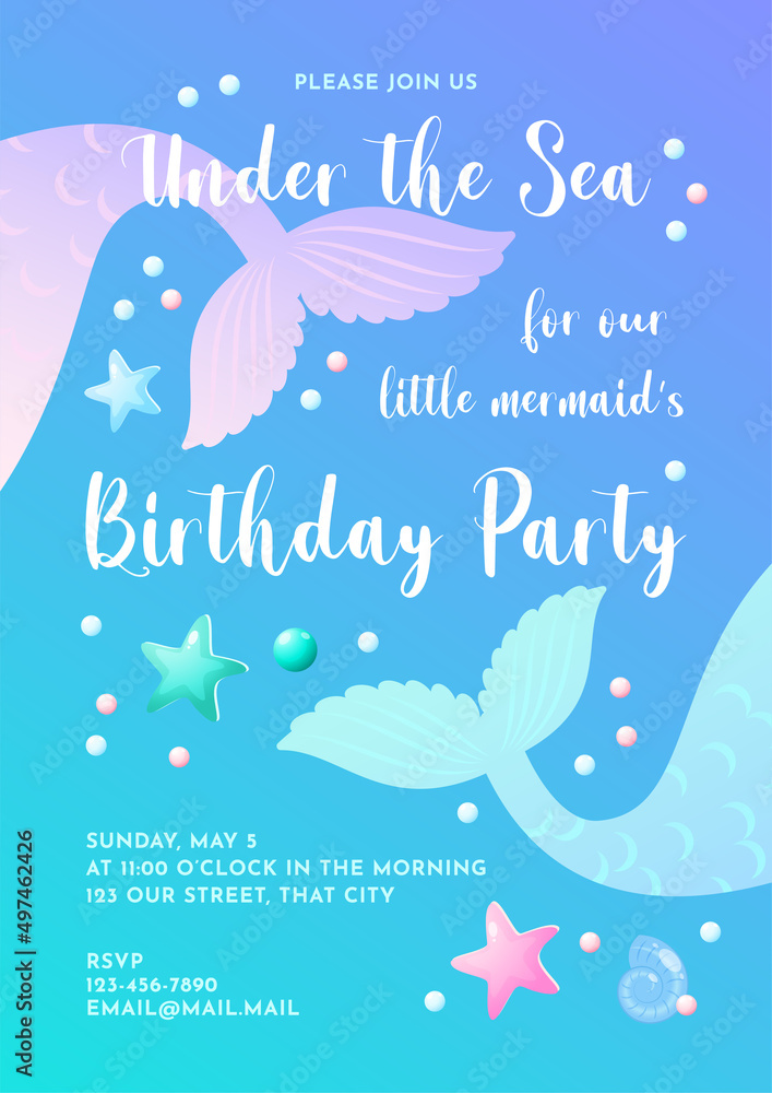 Mermaid party invitation template. Cute illustration of mermaid tail ...