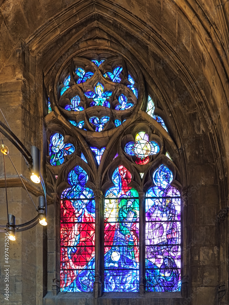 Stained glass window of modernist Marc Chagall in Cathedral of Saint ...