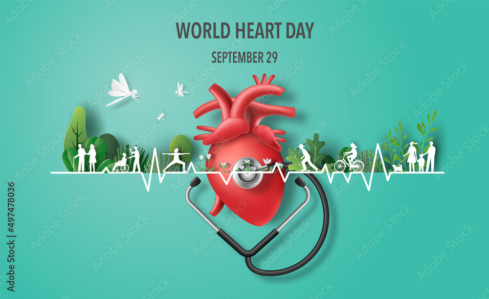 World Heart Day concept, heart with a stethoscope and many people doing ...