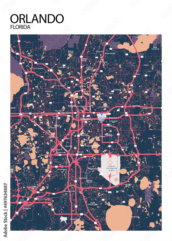 Poster Orlando - Florida map. Road map. Illustration of Orlando ...