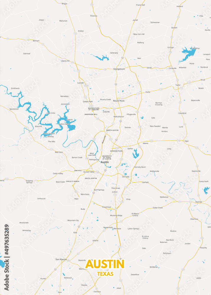Poster Austin - Texas map. Road map. Illustration of Austin - Texas ...