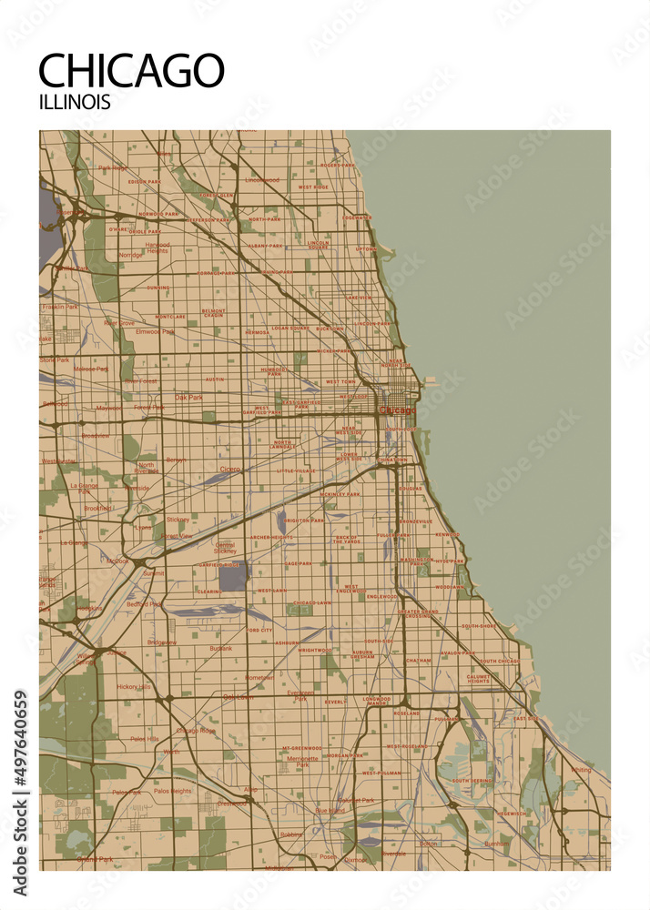 Ilustración de Stock Poster Chicago - Illinois map. Road map ...