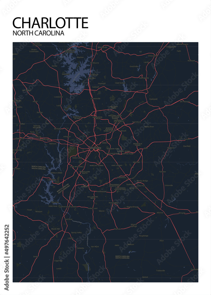 Poster Charlotte - North Carolina map. Road map. Illustration of ...