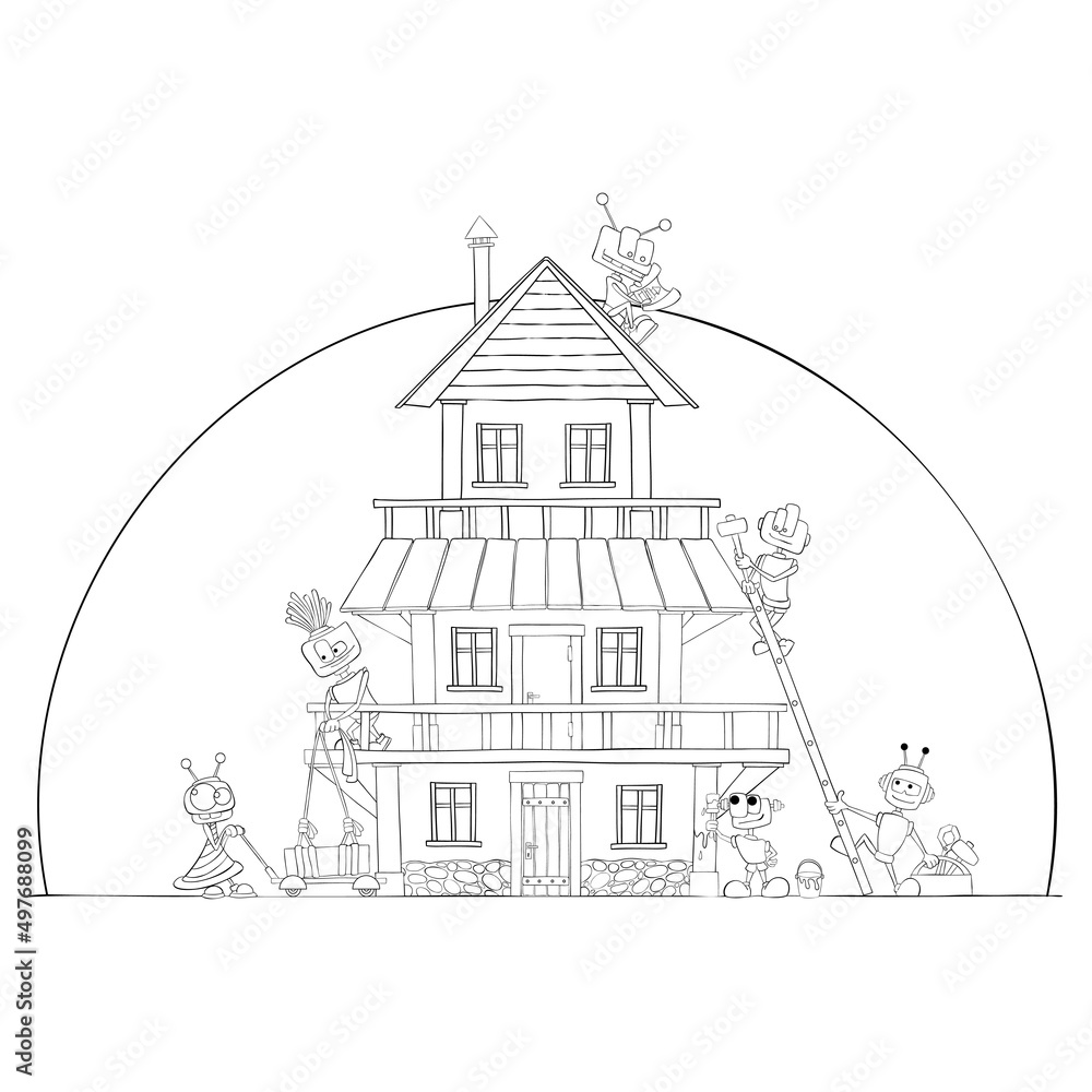 Robots build house. Coloring page. Kids fun. Stock Vector | Adobe Stock