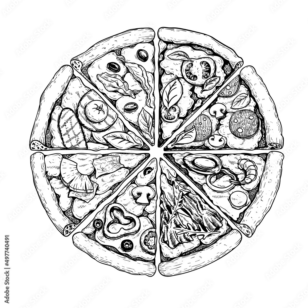 Traditional Italian pizza top view. Different pizza slices. Hand drawn ...