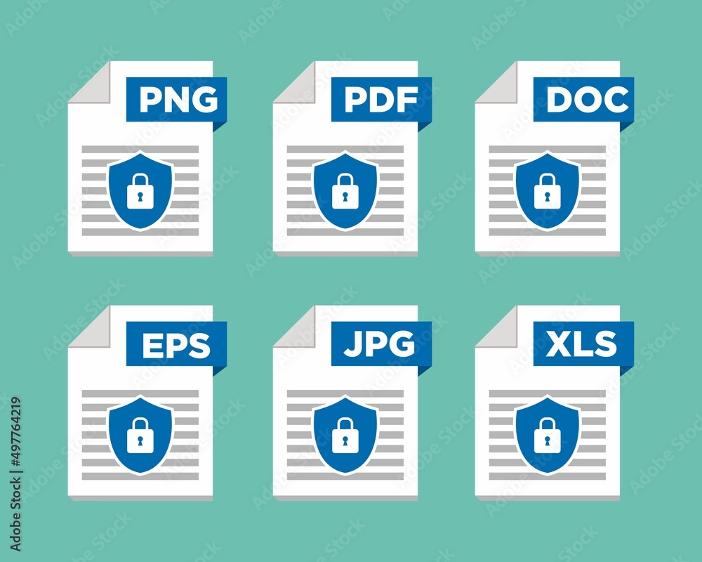 Security File Type Icons Format And Extension Of Documents Set Of Pdf Doc Excel Png