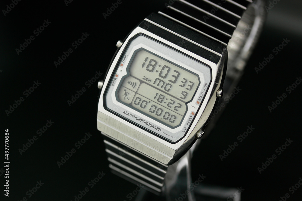 digital watch silver vintage retro wristwatch 70s 80s isolated alarm ...