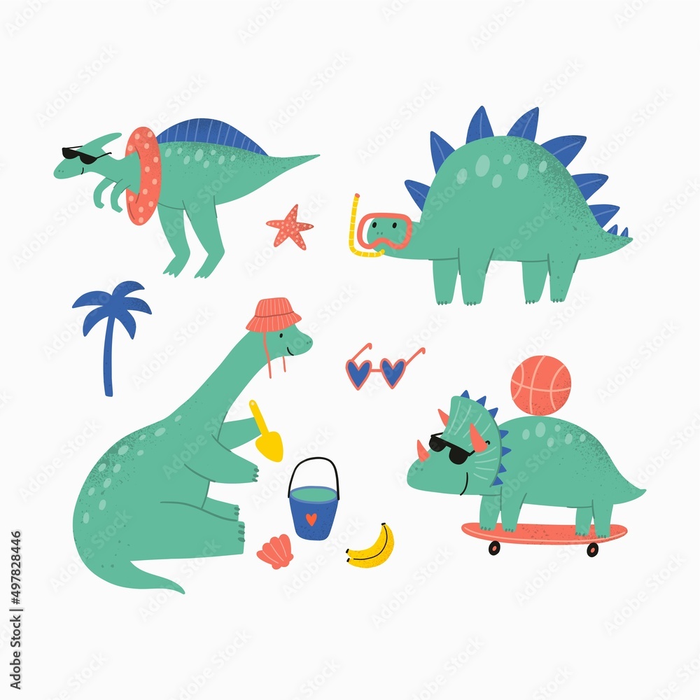 Vector de Stock Cute cartoon dinosaurs on the beach. Summer holidays ...
