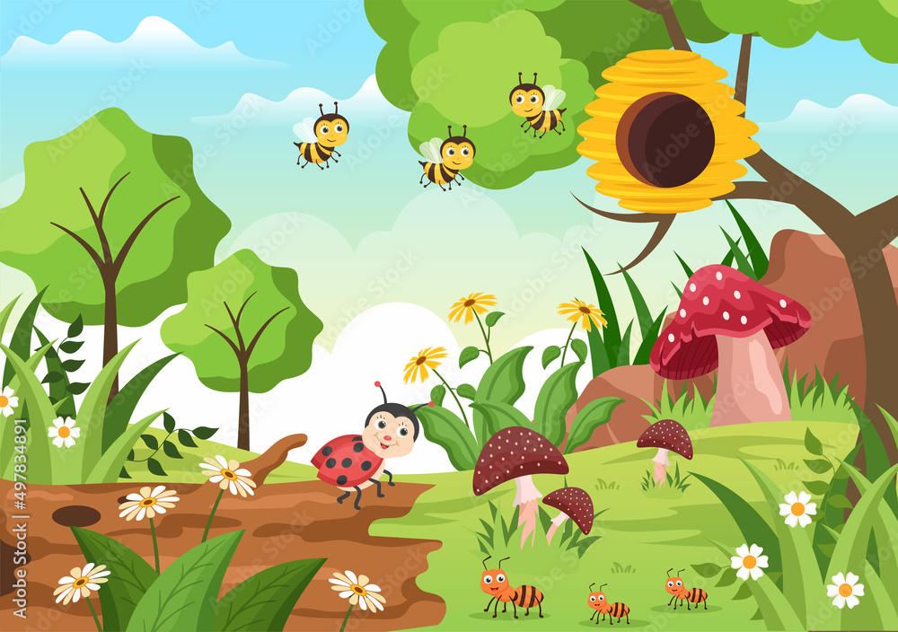 Beautiful Garden Cartoon Background Illustration With Scenery Nature of ...
