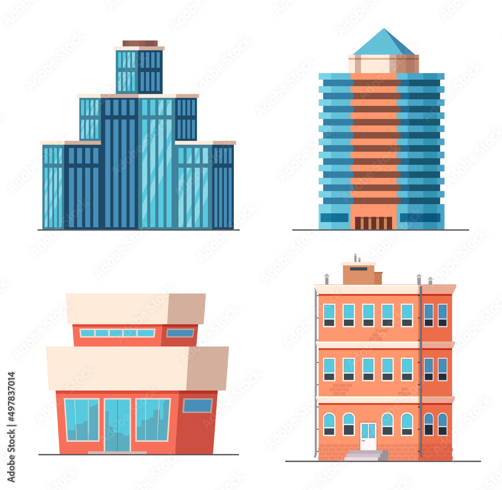 Cartoon office city buildings, modern skyscrapers, towers and houses ...