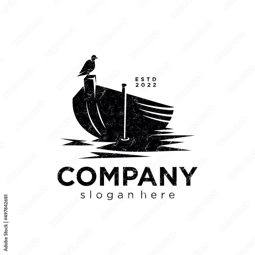 Row boat logo with paddle bird black silhouette. Wooden Boat logo ...