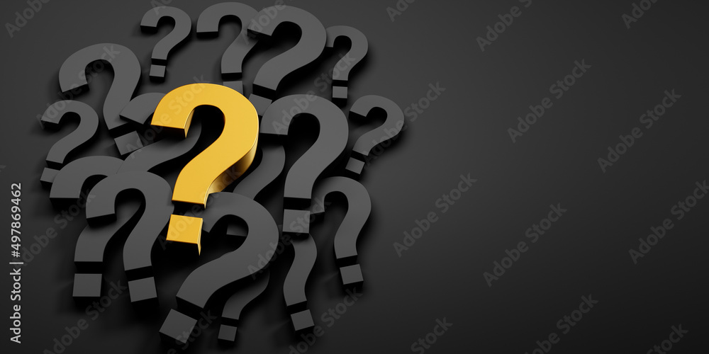 Pile of black and golden question mark symbols on dark background - 3D ...