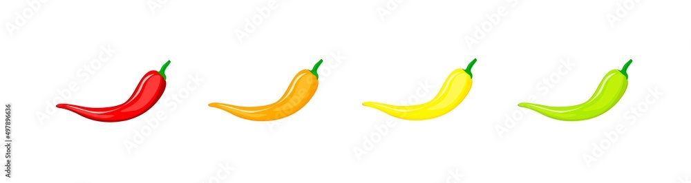 Chili pepper level indicator. Very hot, medium, mild, low fire. Food ...