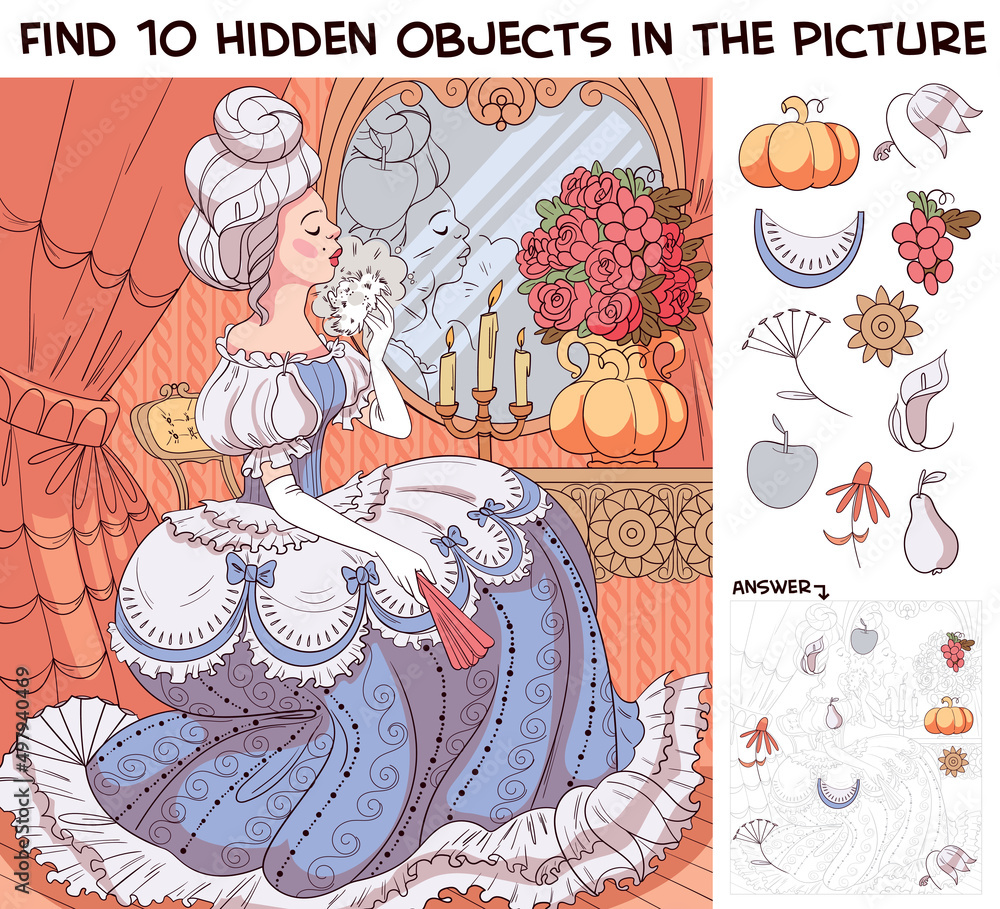 Baroque girl sitting at a dressing table in front of a mirror. Find 10 ...