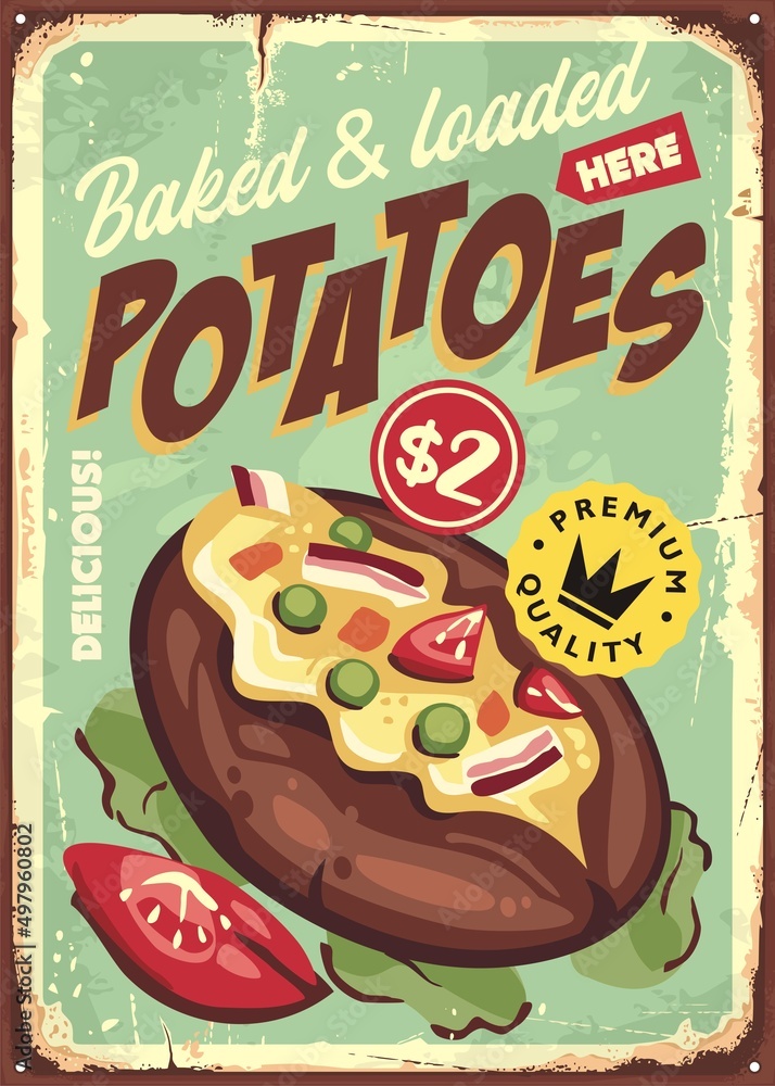 Baked and loaded potatoes vintage menu board sign design. Food retro ...