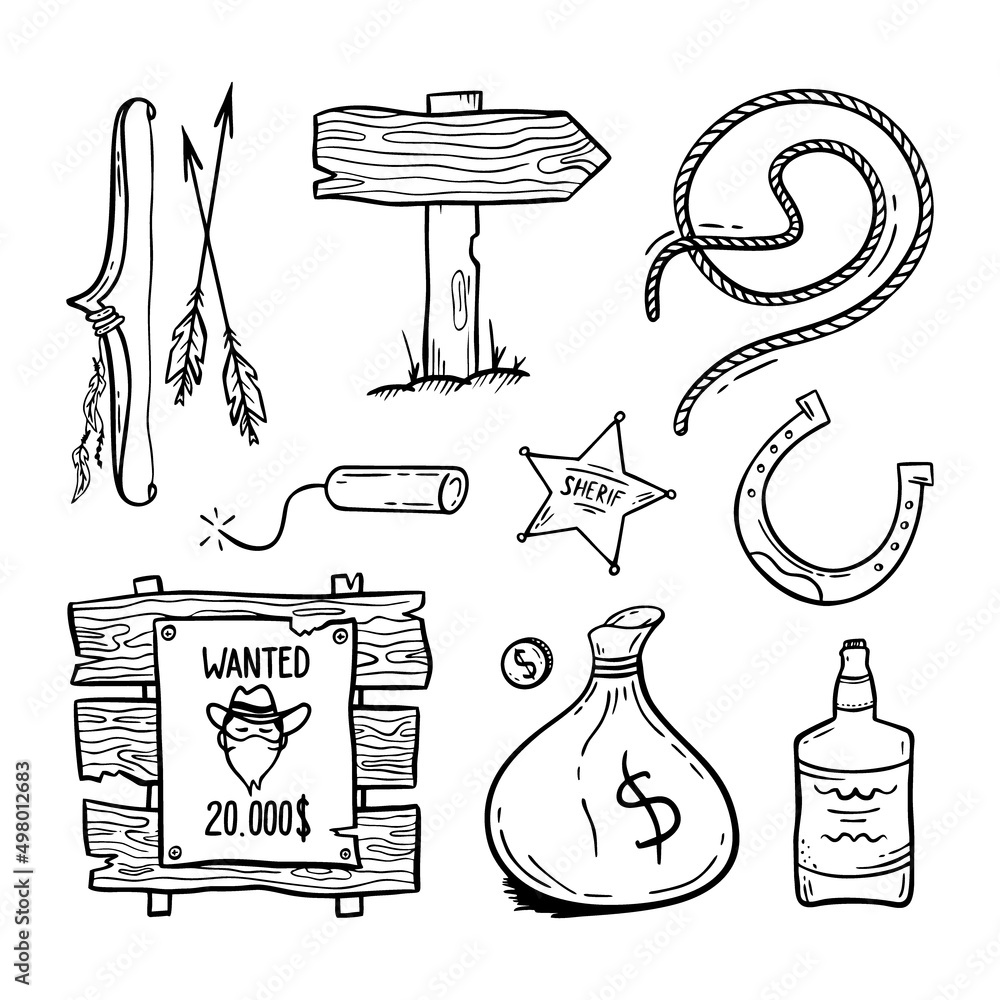 Wild West set Hand-drawn in doodle style Good for printing Symbol of ...