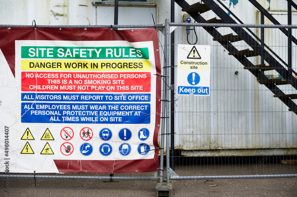 Construction site health and safety message rules sign board signage on ...