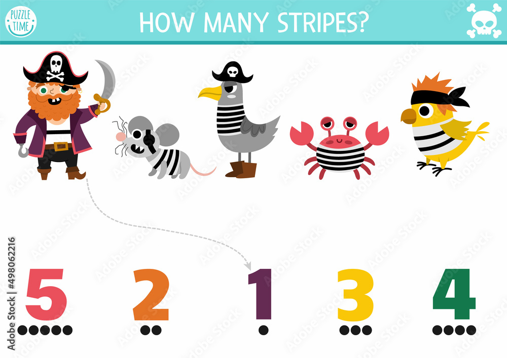 Match the numbers pirate game with animals in striped shirts. Treasure ...