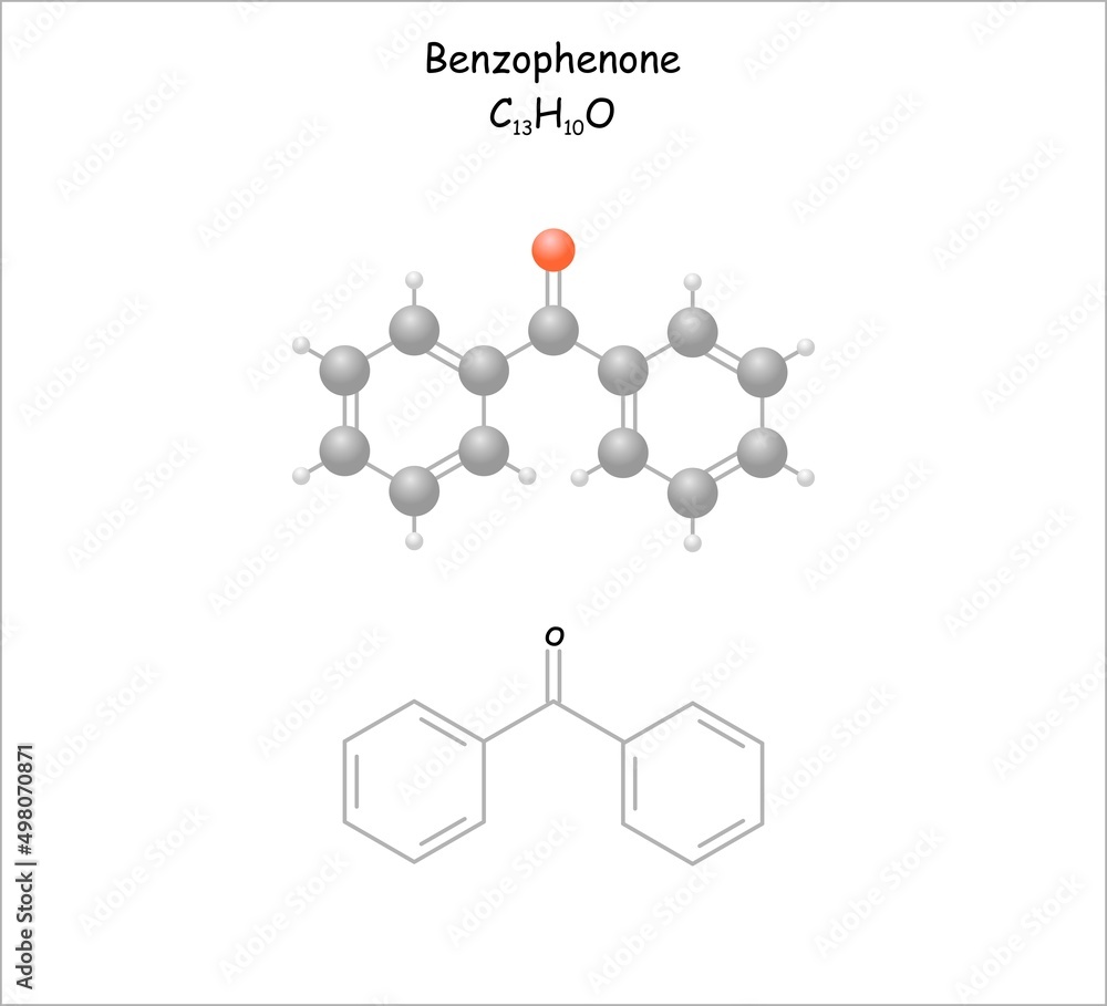Stylized molecule model/structural formula of benzophenone. Use as ...