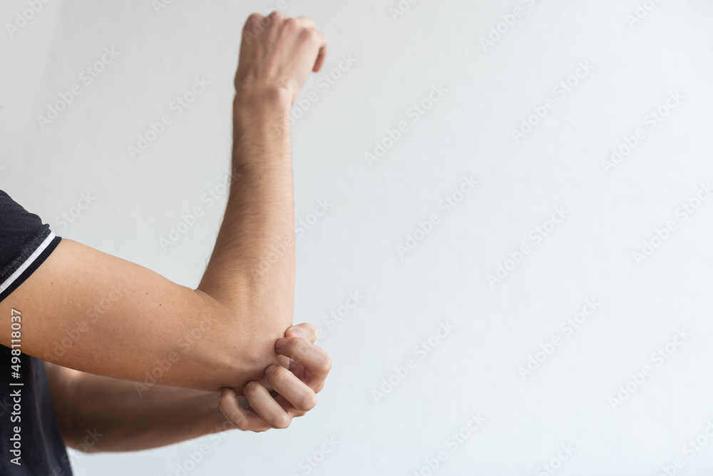 Dermatitis, eczema, allergy, psoriasis concept. man scratching itch on ...