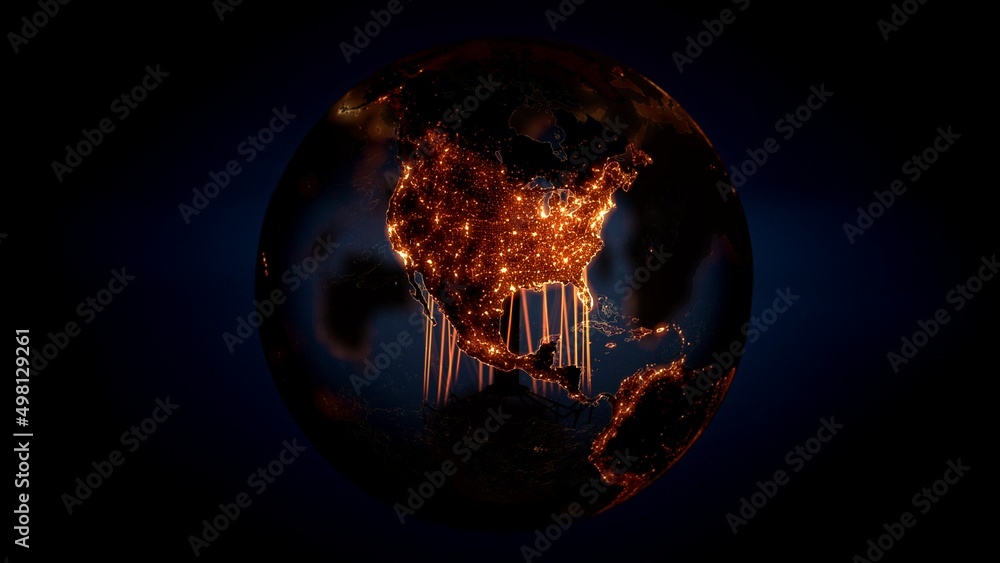 Abstract earth world map sphere with glowing light bulb illuminated ...