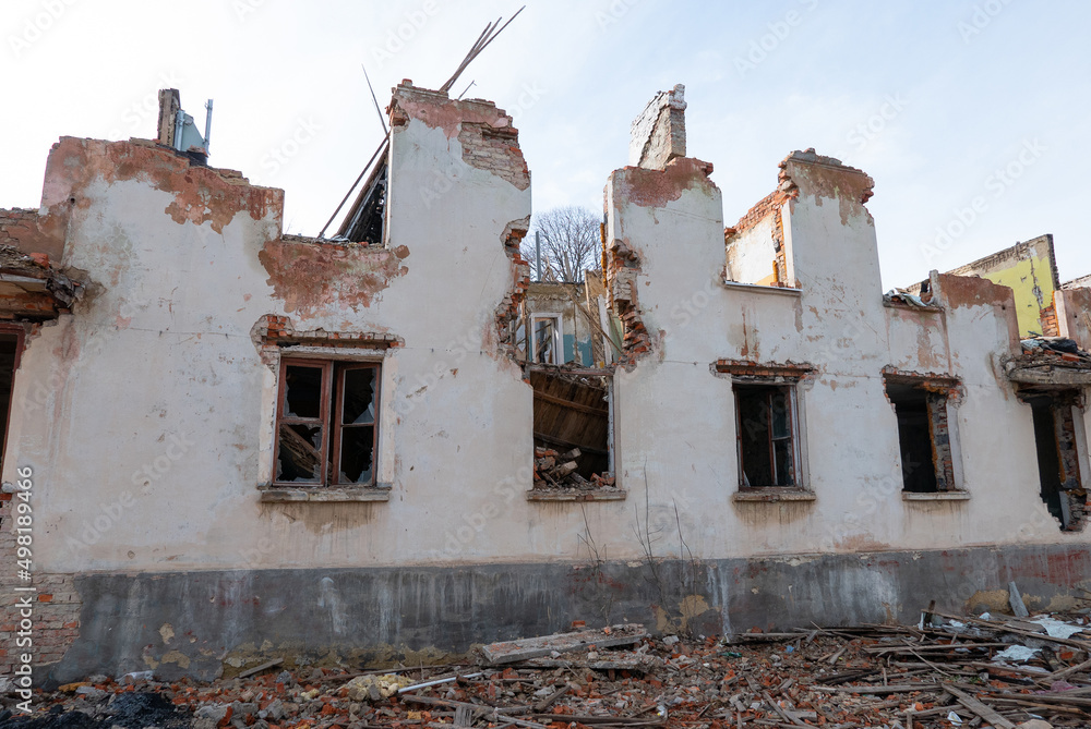 War ruins. Destroyed city after the bombing. Dead city. Bombed ...
