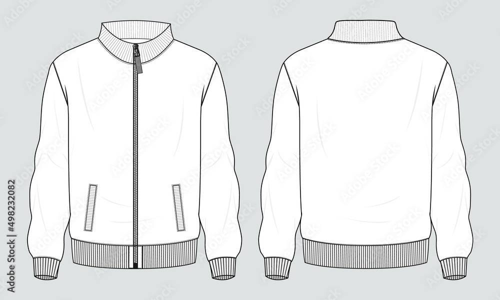 Long sleeve jacket with pocket and zipper technical fashion flat sketch ...