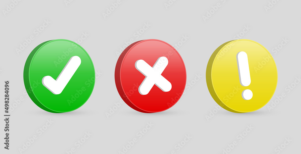 Vector de Stock 3d checkmark icon button with 3d exclamation mark icon correct incorrect and ...