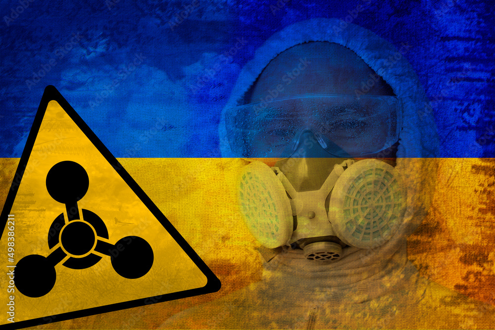 chemical hazard sign on the flag of Ukraine, the impact of an emergency ...