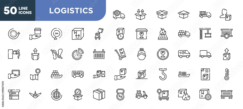 set of 50 outline logistics icons. editable thin line icons such as european conformancy ...