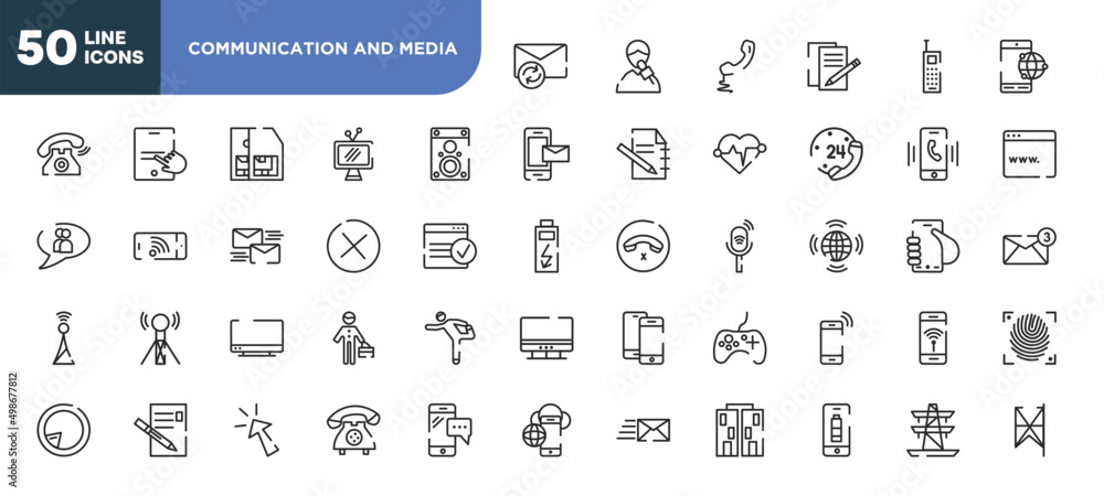 set of 50 outline communication and media icons. editable thin line ...