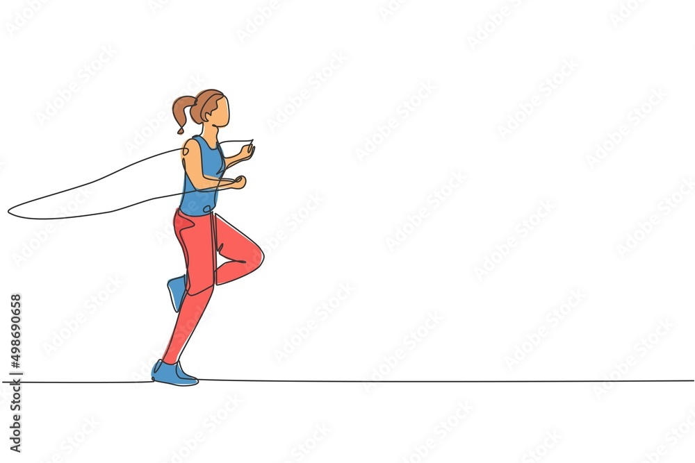 One single line drawing of young energetic woman exercise with jump ...