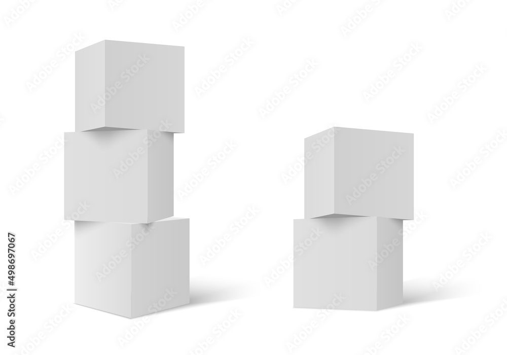 3D stacked cubes. Column of white cubes. Geometric shapes background ...