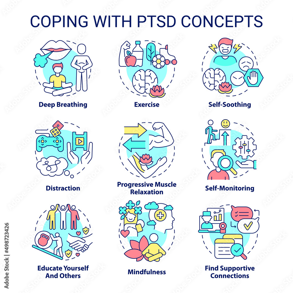 Coping with PTSD concept icons set. Mental health. Psychotherapy ...