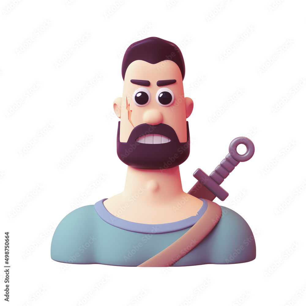 Portrait of an angry brunette hunter with a scar on his cheek, sword ...