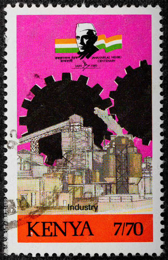 Kenya - circa 1989: Kenyan postage stamp depicting Jawaharlal Nehru ...