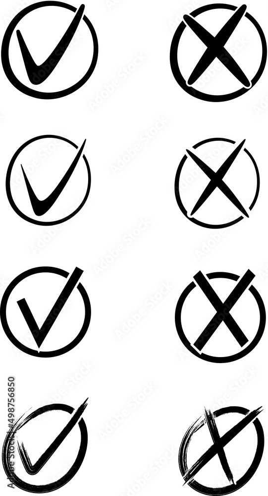 Black check mark, black cross mark icon set. Isolated tick symbols, checklist signs, approval ...
