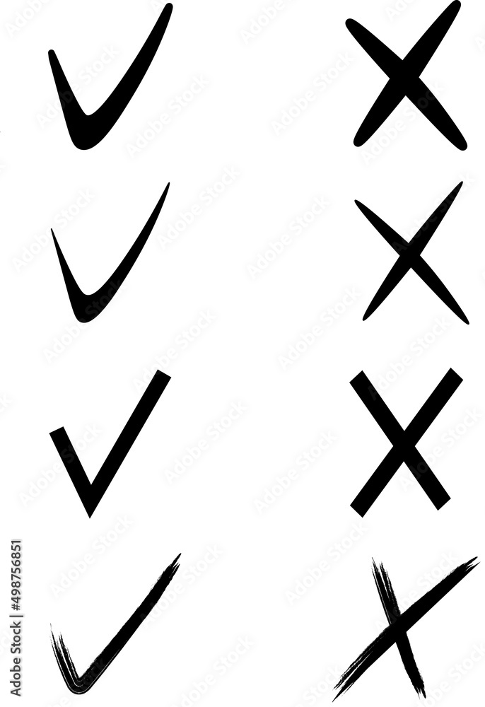 Black check mark, black cross mark icon set. Isolated tick symbols, checklist signs, approval ...