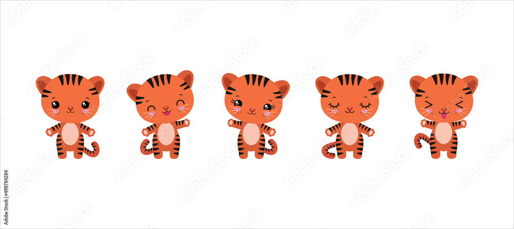 Cute kawaii tiger. Various facial expressions of a tiger cub. Fun icons ...