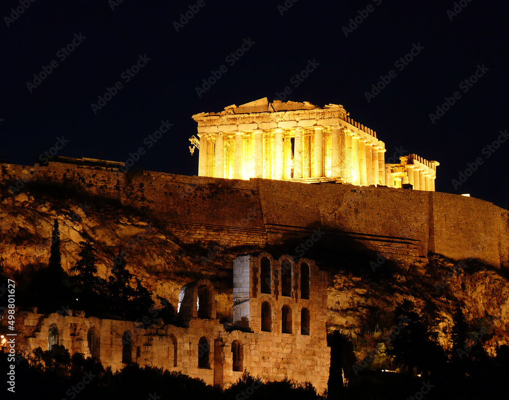 Athens Acropolis with Parthenon temple and arches of the roman Hadrian's conservatory night view ...