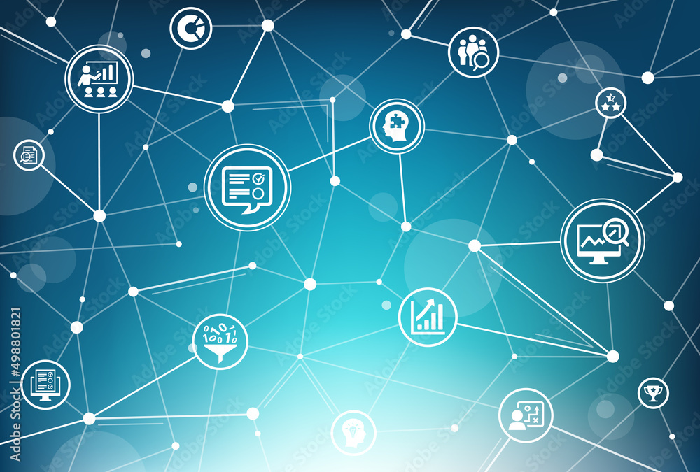 Assessment vector illustration. Blue concept with icons related to ...