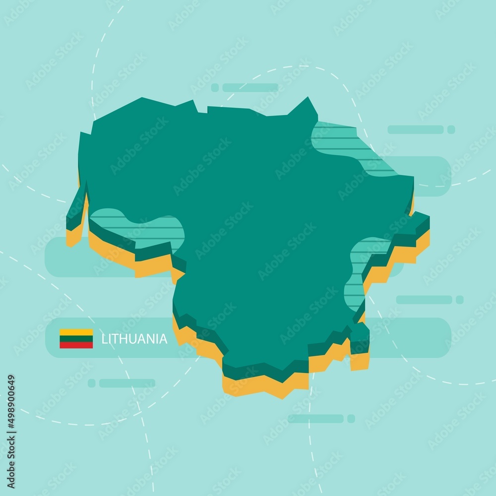 3d vector map of Lithuania with name and flag of country on light green ...