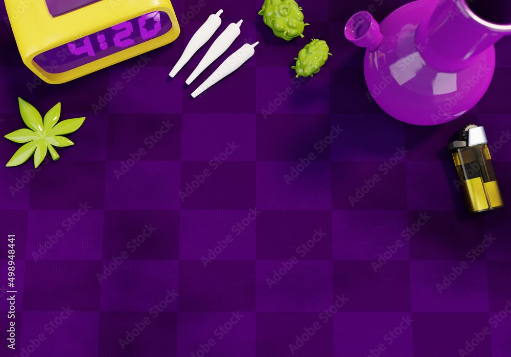 Medical marijuana and smoking devices 3D illustration table background ...
