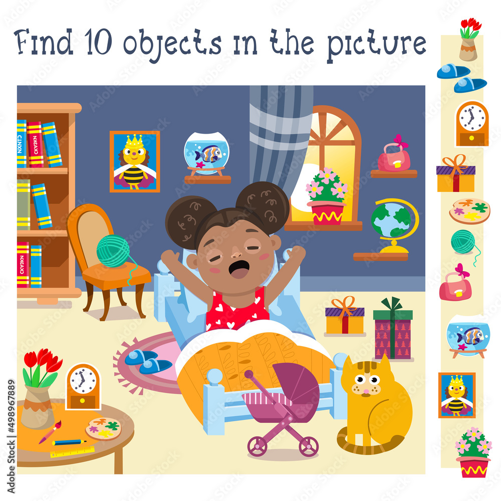 Find 10 hidden objects. Educational game for children. Cute little girl ...