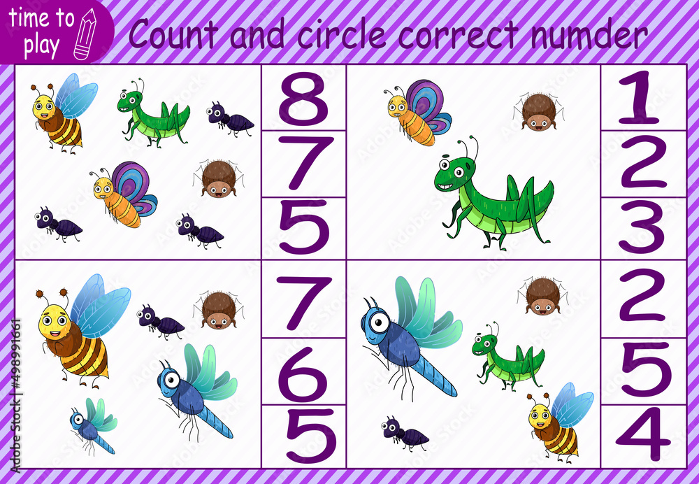 children's educational game, task. Count how many insects are in the ...